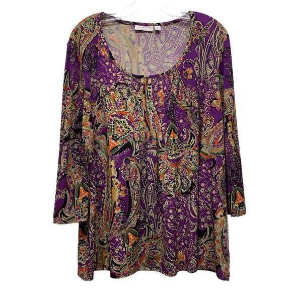 Susan Graver | Tops | Susan Graver Paisley Pleat Front 34 Sleeve Liquid ...